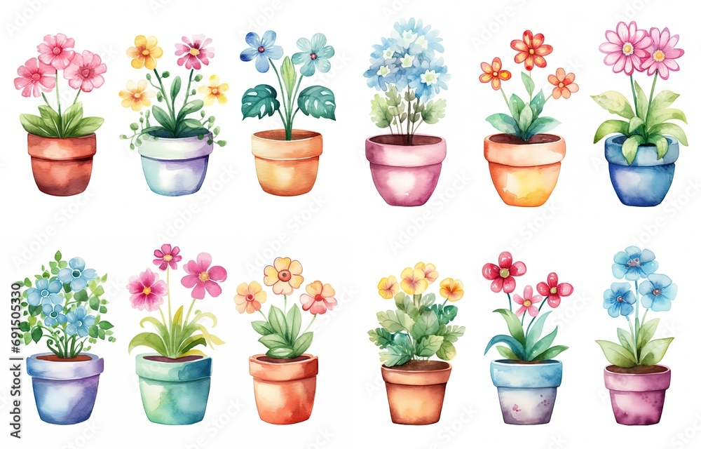 watercolor style cartoon illustration of cute flower pots blossoming in ...