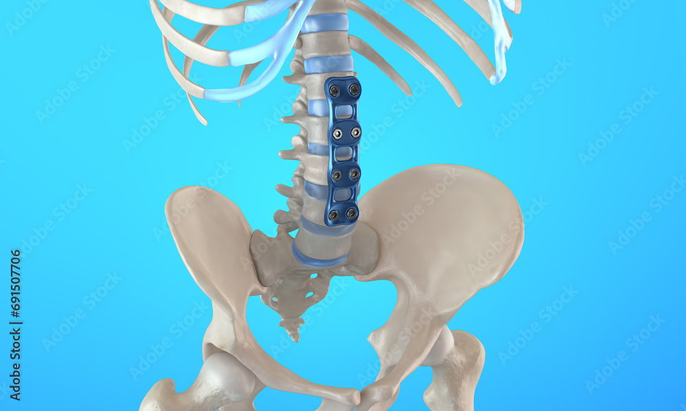 Spinal fusion lumbar metal plate and screws on skeleton Stock ...