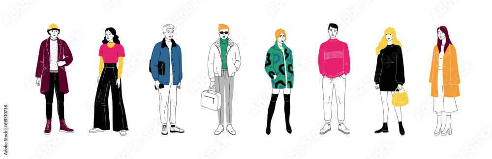 Fashion people. Sketch model characters. Doodle men or women in trendy ...
