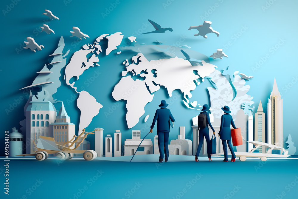 Travel around the world banner design by paper cut, minimal flat design ...