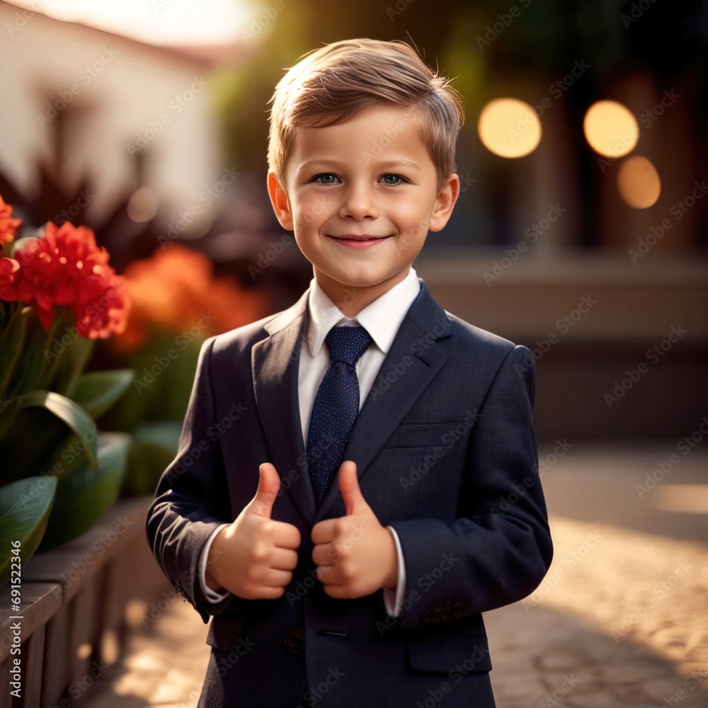 Small smiling child in formal business suite, expressing corporate ...