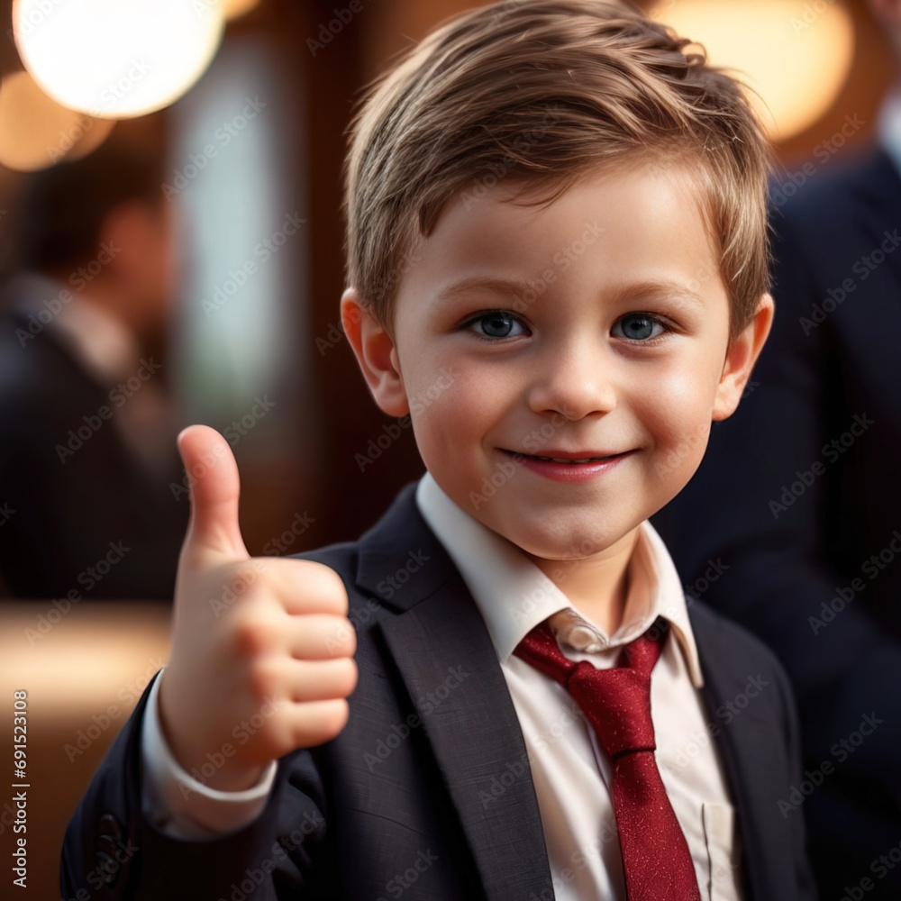 Small smiling child in formal business suite, expressing corporate ...