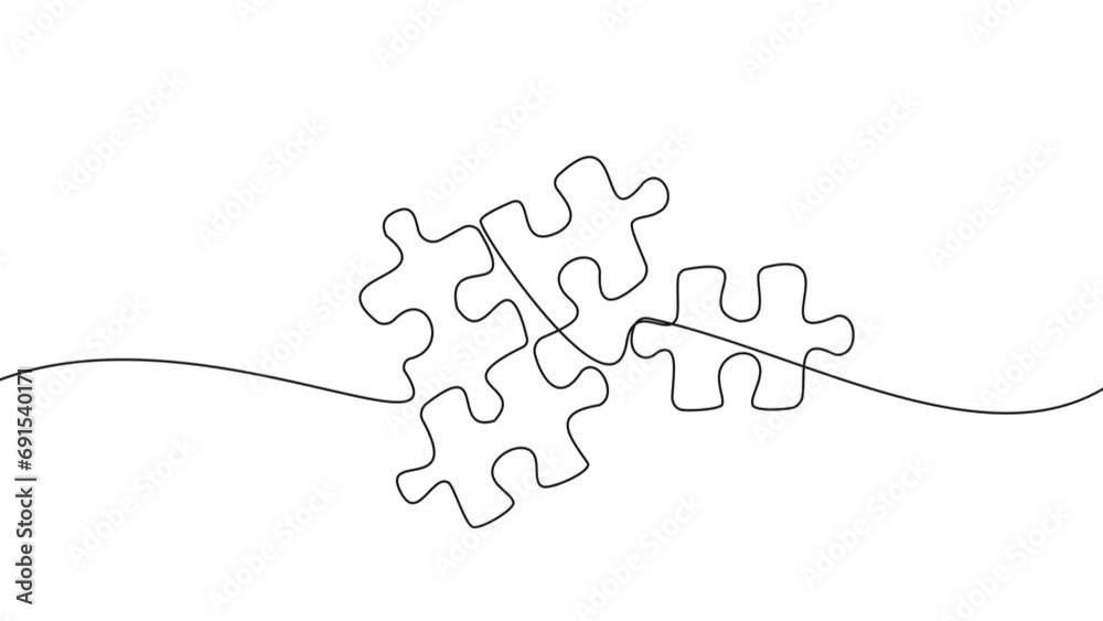 animated continuous single line drawing of jigsaw puzzle pieces, line ...