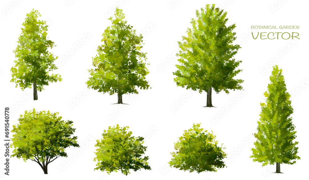 Vector watercolor green tree or forest side view isolated on white ...
