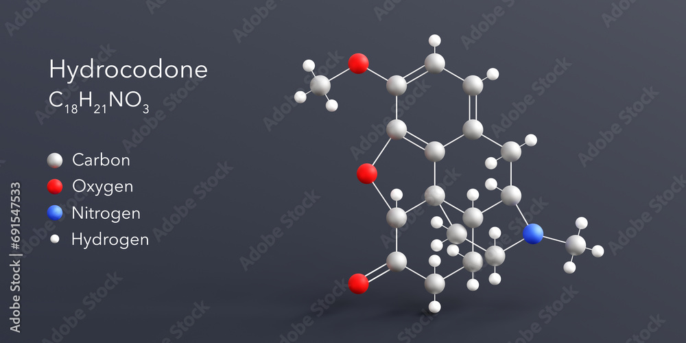 hydrocodone molecule 3d rendering, flat molecular structure with ...