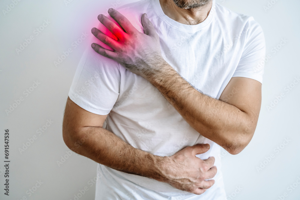 Pain in the joint of the shoulder, back, arm. Muscle and bone pain in ...