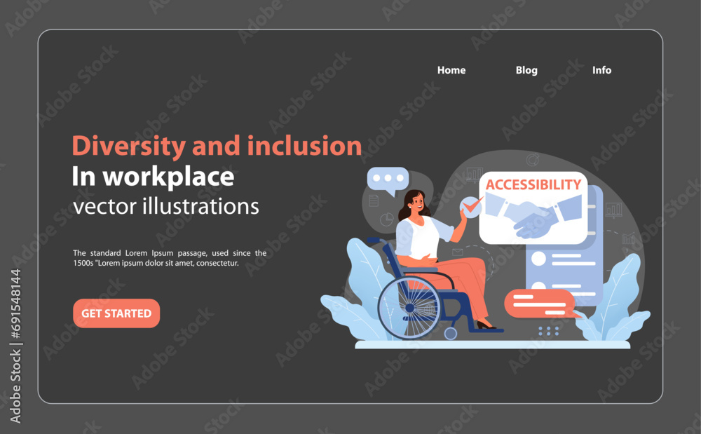 Inclusive workplace focus on accessibility. Woman in wheelchair ...