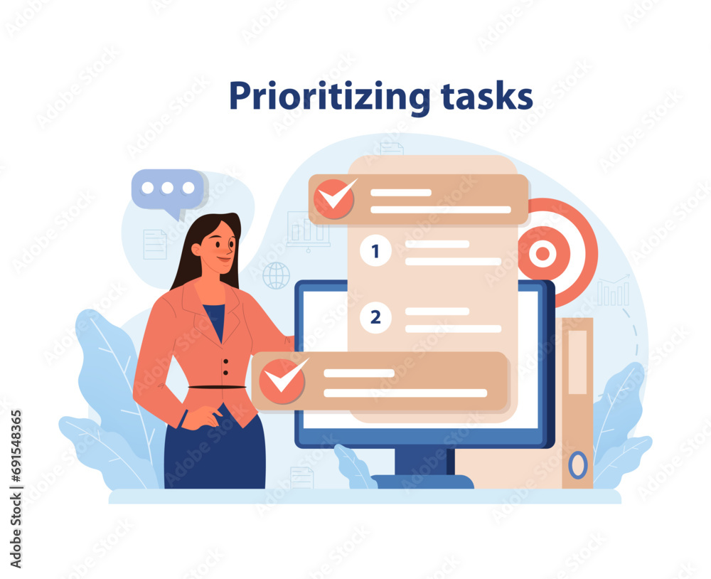 Prioritizing tasks concept. Confident woman with checklist, marking top priorities. Efficient ...
