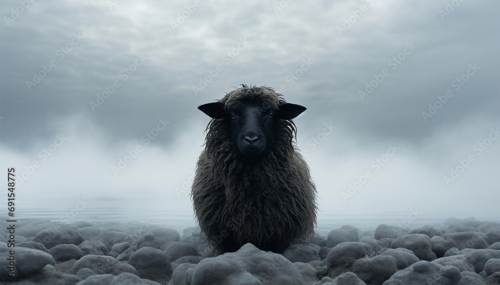 Lonely black sheep. Standing out of the crowd. Dare to be different ...
