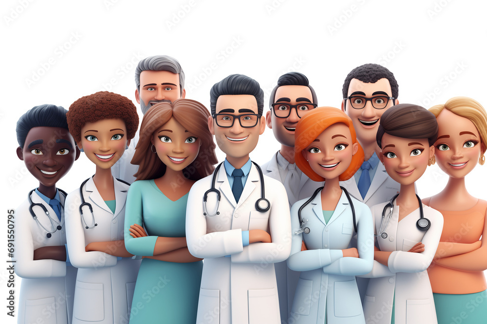 Smiling group of doctors characters isolated. Multinational medicine ...
