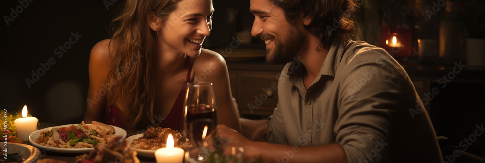 Happy pair delighting in a cozy romantic dinner at home, clinking wine ...