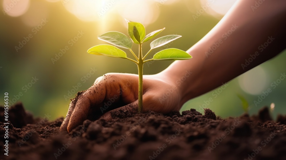 hold young tree ready to grow in fertile soil, prepare for plant and ...