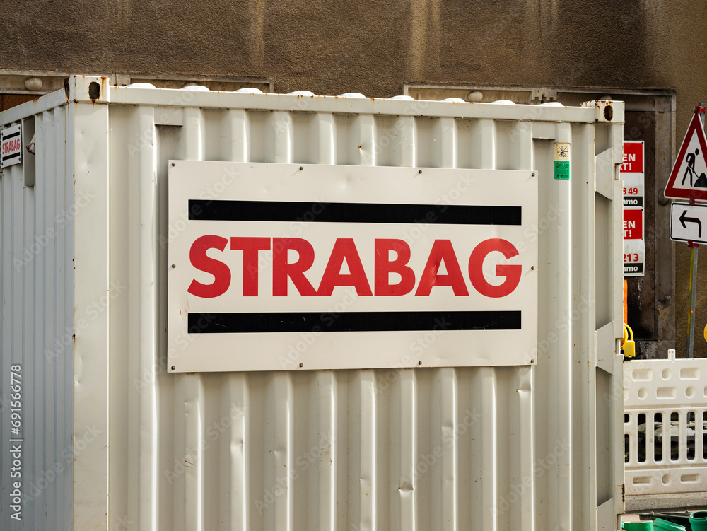 MEISSEN, GERMANY - 21. June 2023: Strabag logo sign on a container at a ...