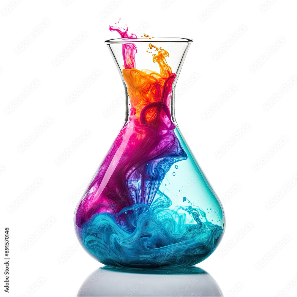 a Glass beaker with a rainbow of colors mixing and rising to the top in ...