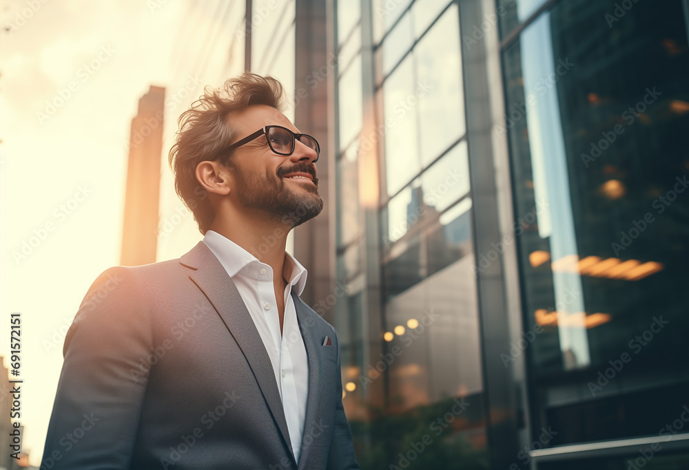 Happy wealthy rich successful business man standing in big city modern ...