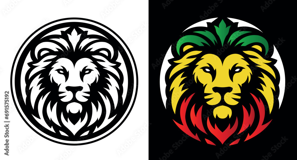 Jamaican reggae rasta lion head front view with rastafarian colors on ...