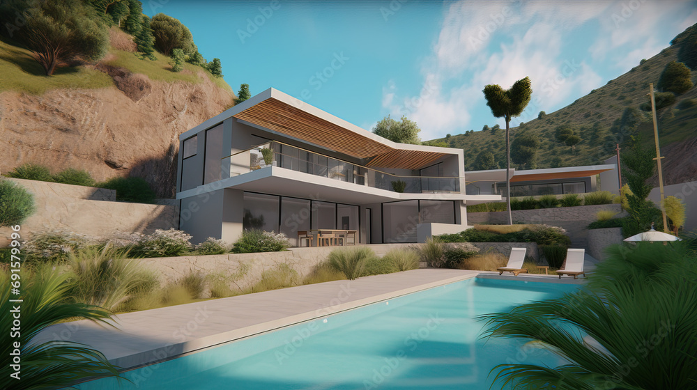 Modern House with Swimming pool on the mountain. Modern Secluded house ...