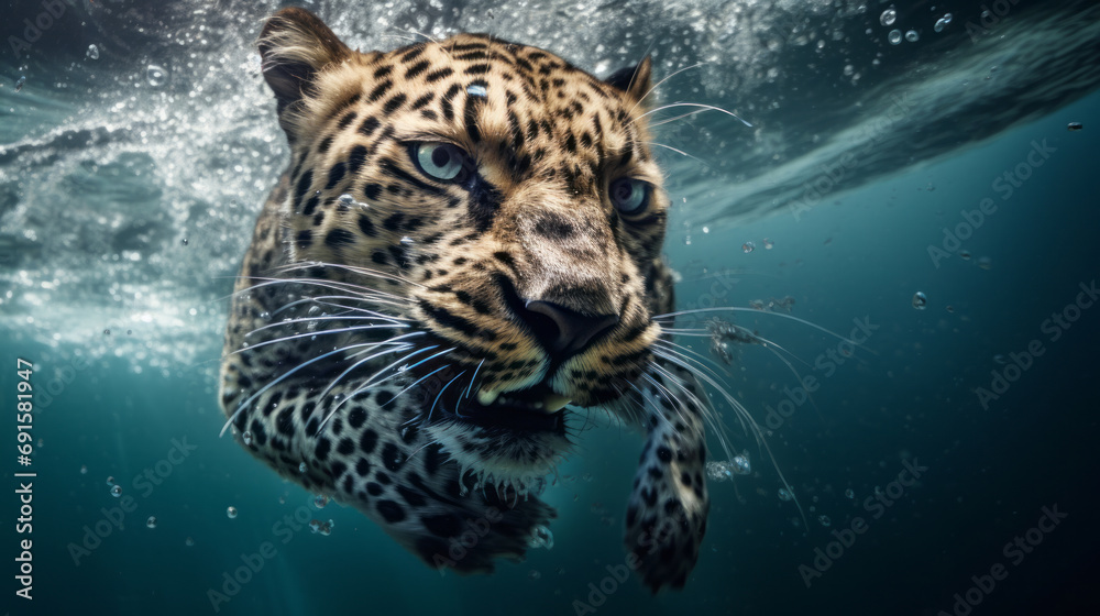 Leopard jump into a water. Underwater photography. Animal dive into the ...