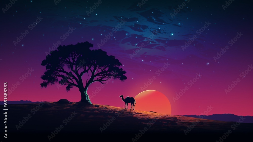 Camel Neon light animal hill next tree AI Generated pictures Stock ...