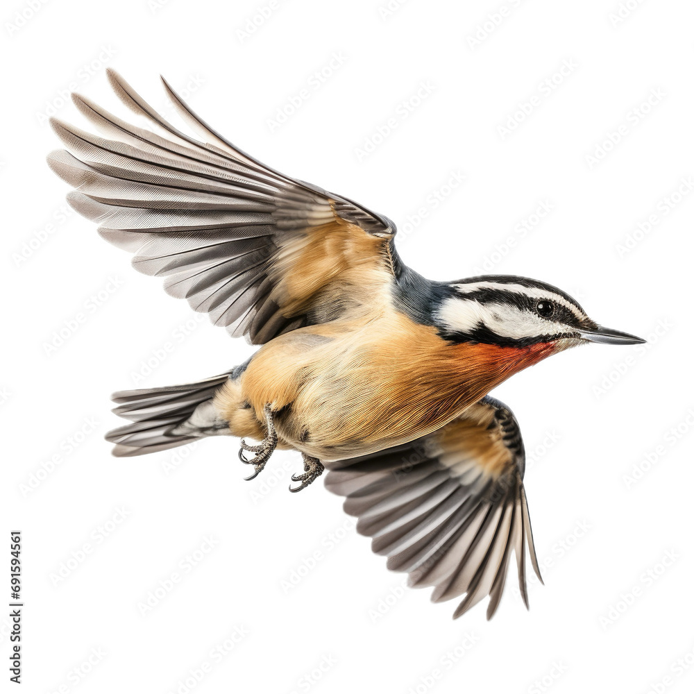 a Red-breasted Nuthatch flying in motion, in a side view, isolated and ...