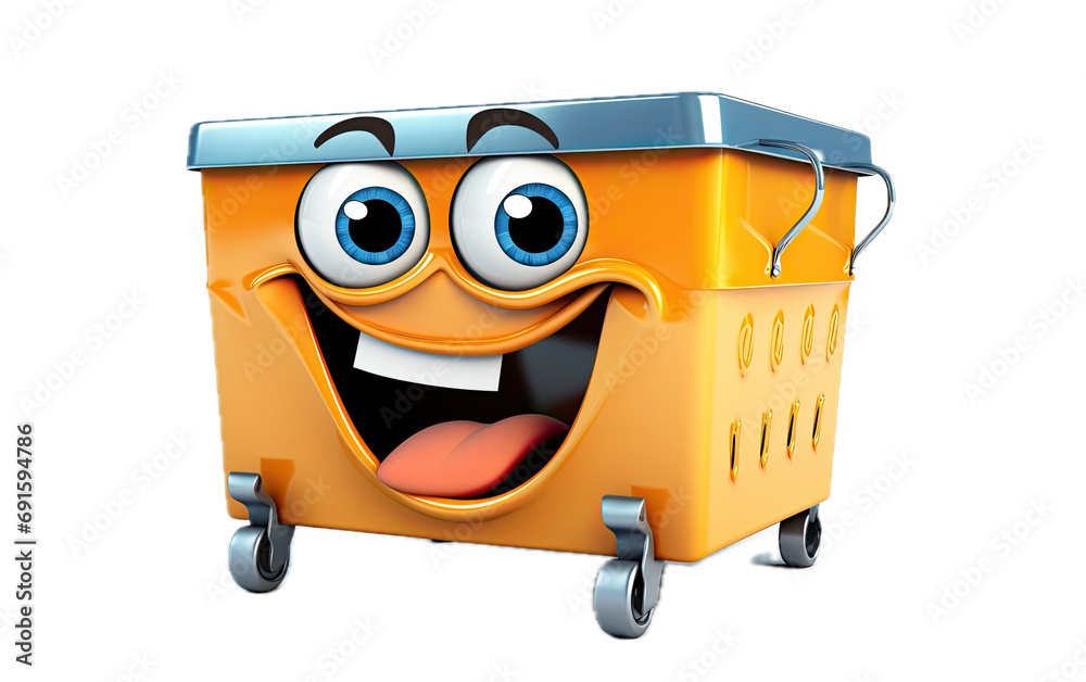 a cartoon dumpster with a smiling face, in a 3/4 top view PNG, in a ...