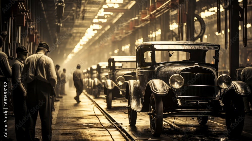 Retro car assembly line in the 1920. Automotive industry. Vintage Auto ...