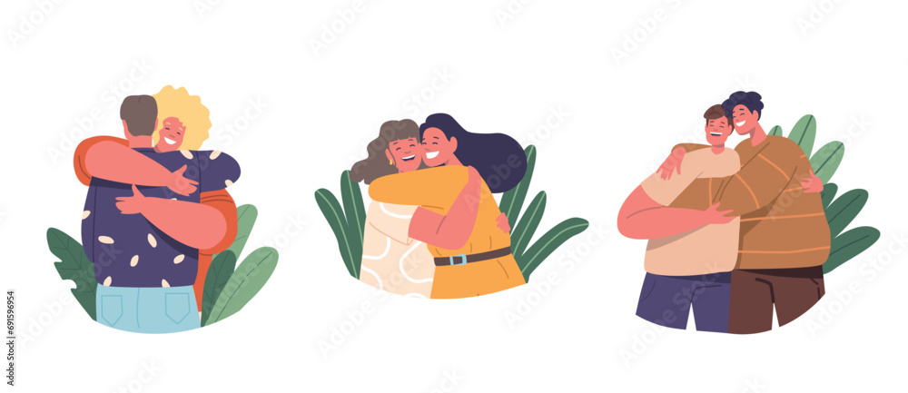 Isolated Vector Elements with Cartoon Male Female Characters Hug. Warm ...