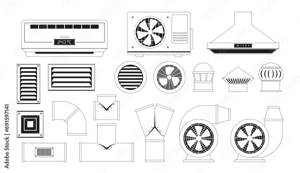 Ventilation Elements Outlined Icons Feature Fans, Ducts, And Vents ...
