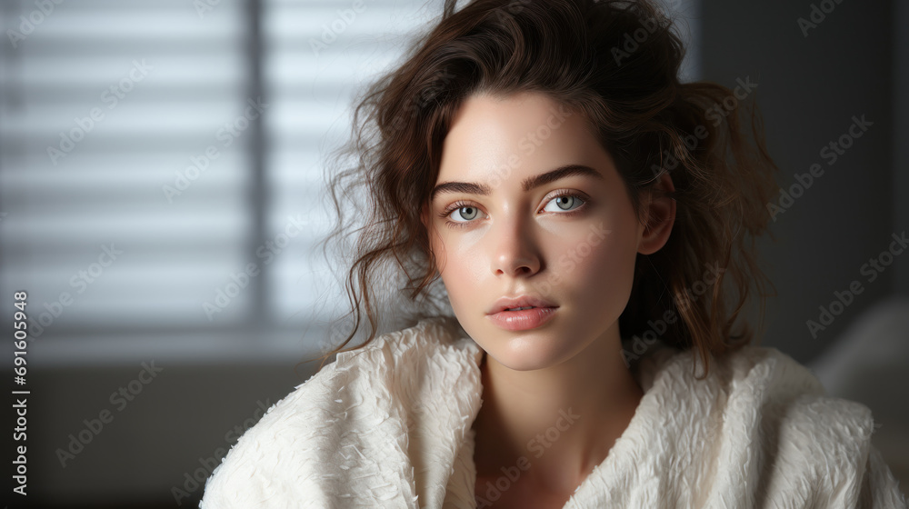 Closeup Head Shot Pleasant Beautiful Woman Face After Shower Pretty