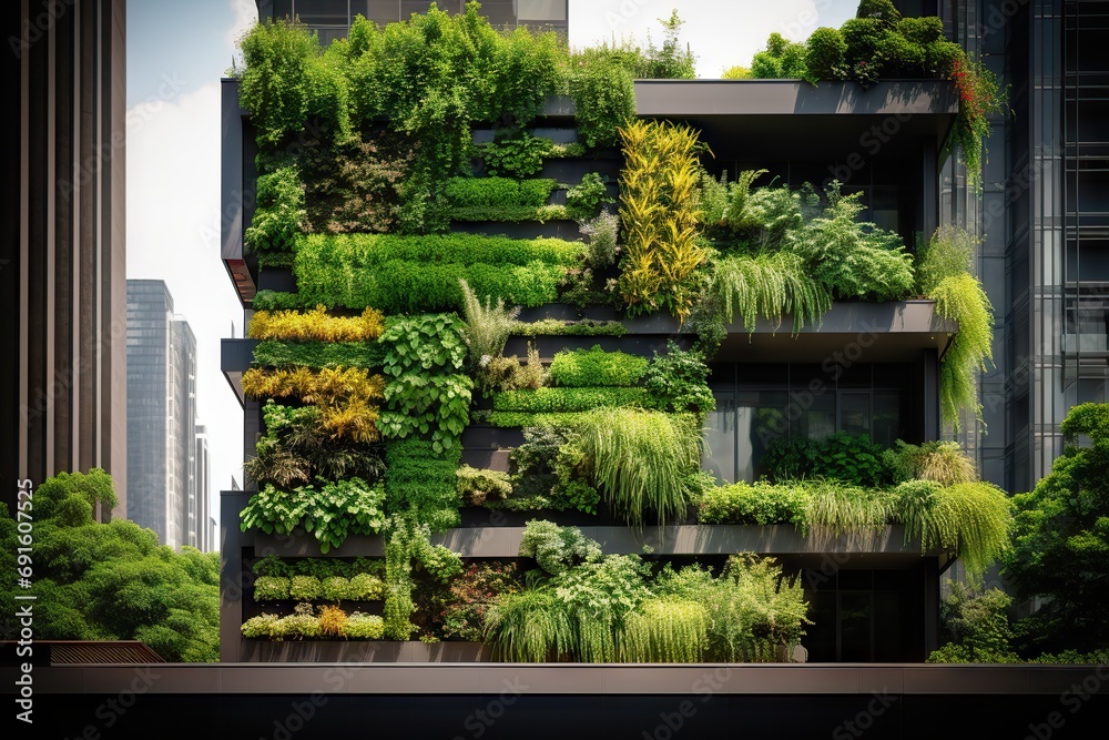 Skyscraper Building with Plants Growing on Facade, a Vertical Green ...