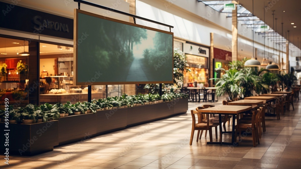 rollup mockup poster stand in an shopping center restaurant mall ...
