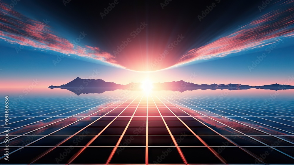 Nostalgic Horizon Retro 3D Computer Graphics Landscape Scene with Grid ...