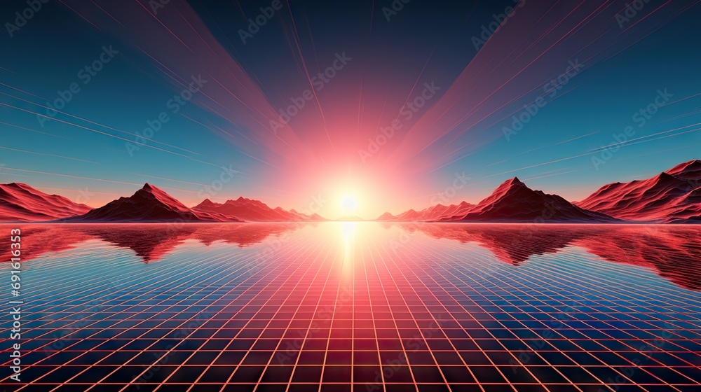 Nostalgic Horizon Retro 3D Computer Graphics Landscape Scene with Grid ...