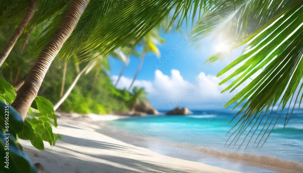 Beautiful jungle beach lagoon view, palm trees and tropical leaves, can ...
