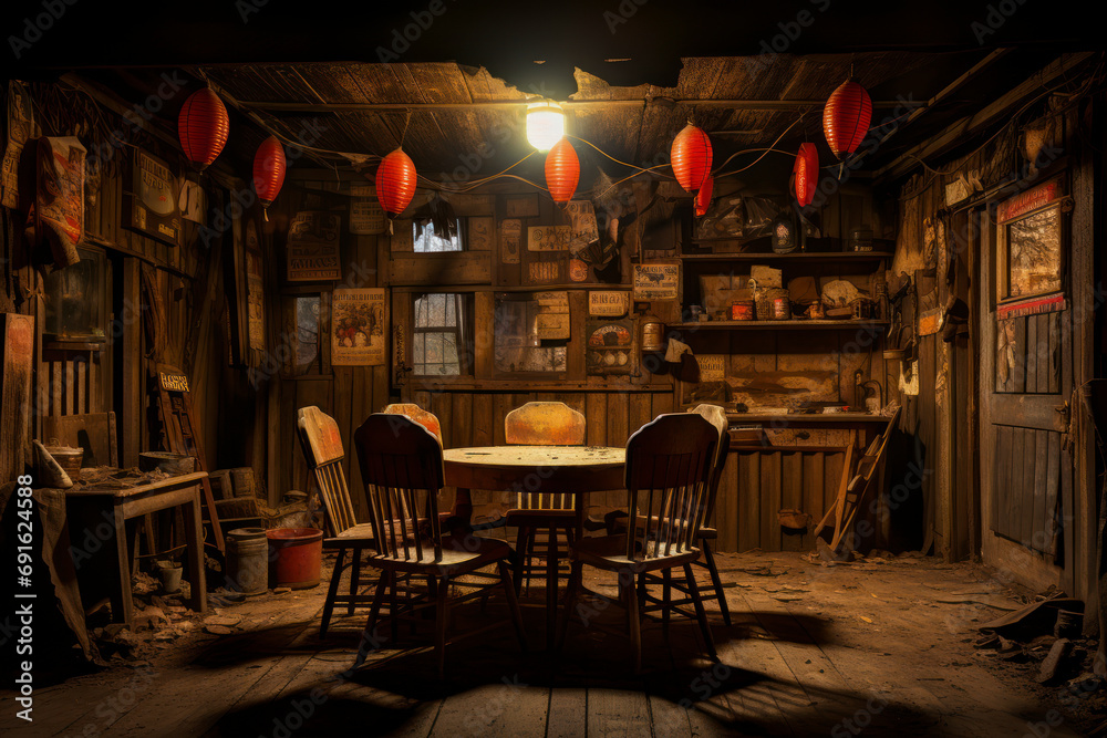 Outlaw hideout, abandoned saloon with swinging doors, poker table with ...