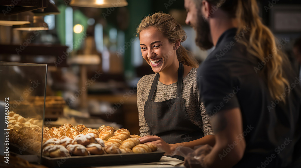 commessa felice e sorridente in una panetteria, consegna al cliente i ...