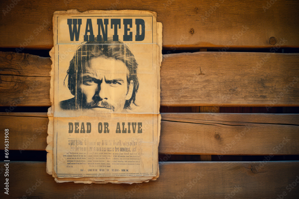 Wanted outlaw poster, crinkled paper pinned to a weathered wooden wall ...