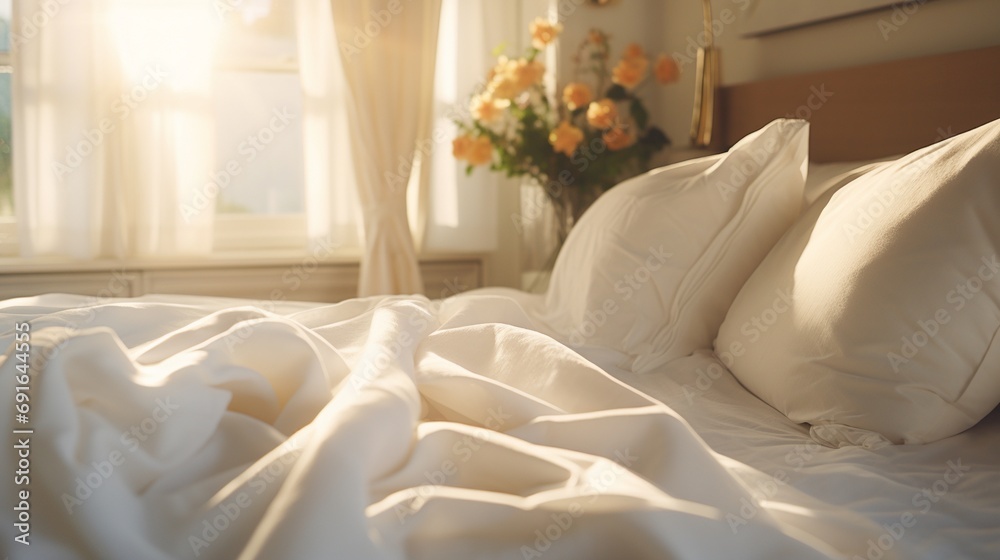 Bed Mattress and Pillows Mess up Bedroom in morning sunlight, White ...