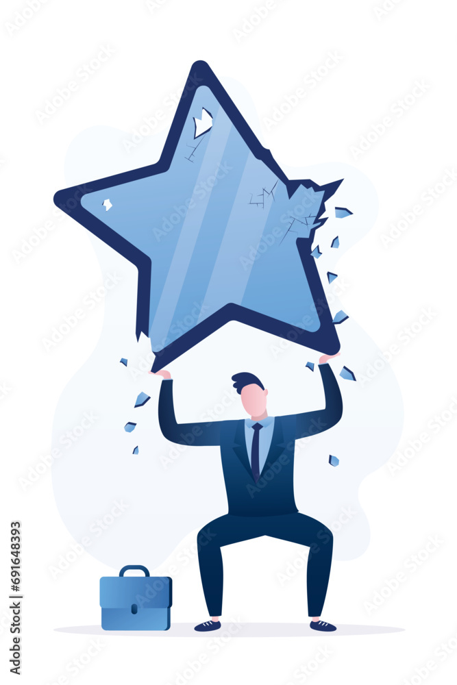 Tired businessman holding and tries lift destroyed star. Bad business ...