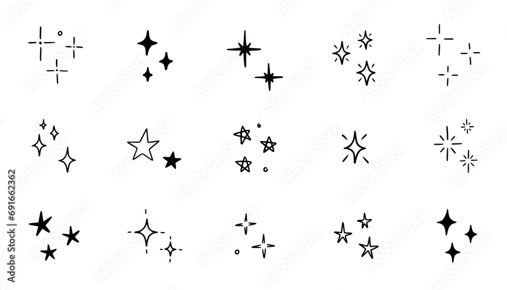 Hand drawn star sparkle shine of doodle set. Star shine twinkle glow ...