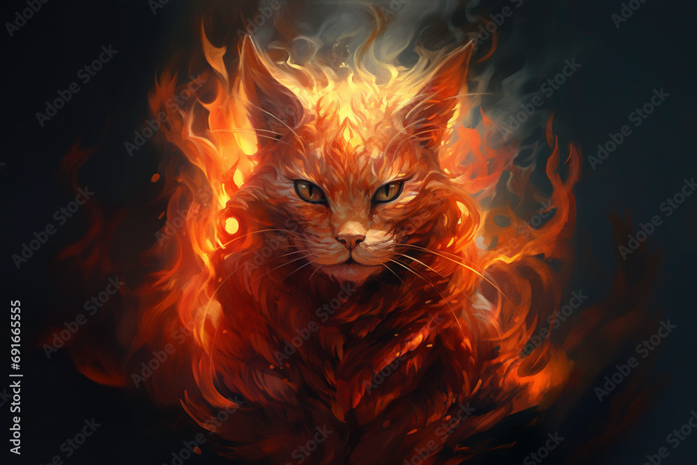 Illustration of infuriated burning cat with fire flames on dark ...