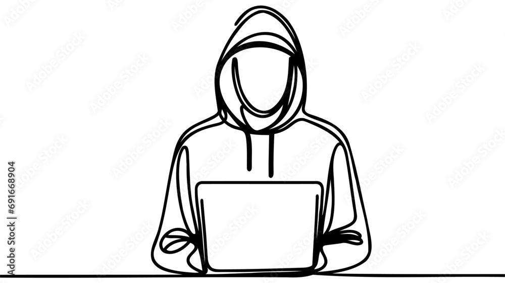 One continuous line of a Computer Hacker. Thin Line Illustration vector ...