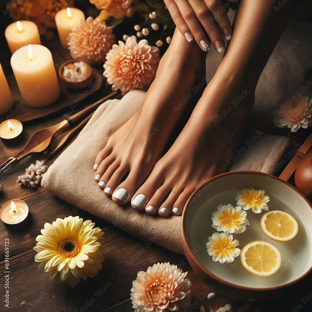 Women's feet at spa salon on pedicure procedure. Beautiful female feet ...