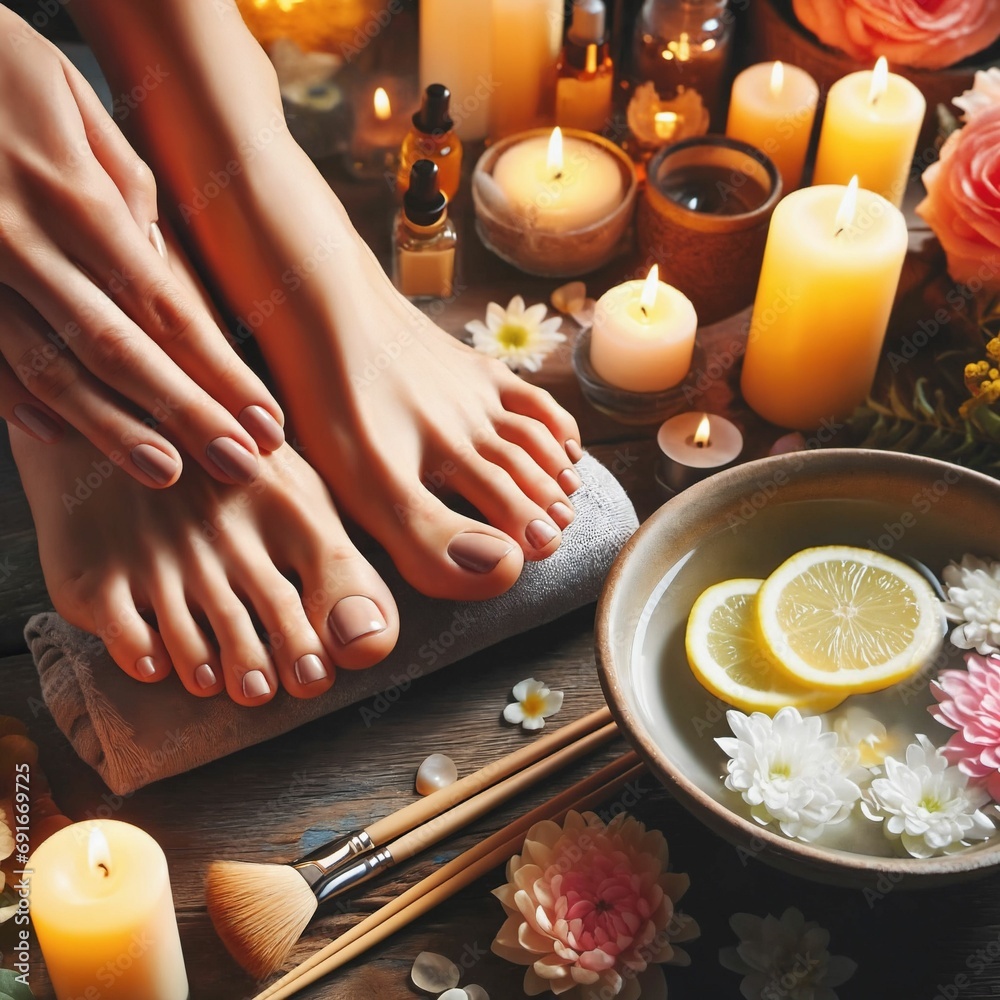 Women's feet at spa salon on pedicure procedure. Beautiful female feet ...