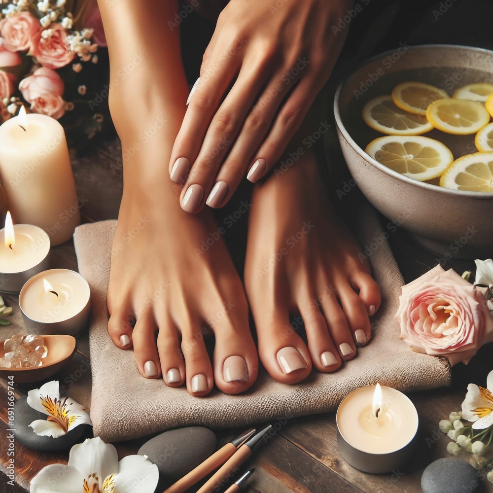 Women's feet at spa salon on pedicure procedure. Beautiful female feet ...