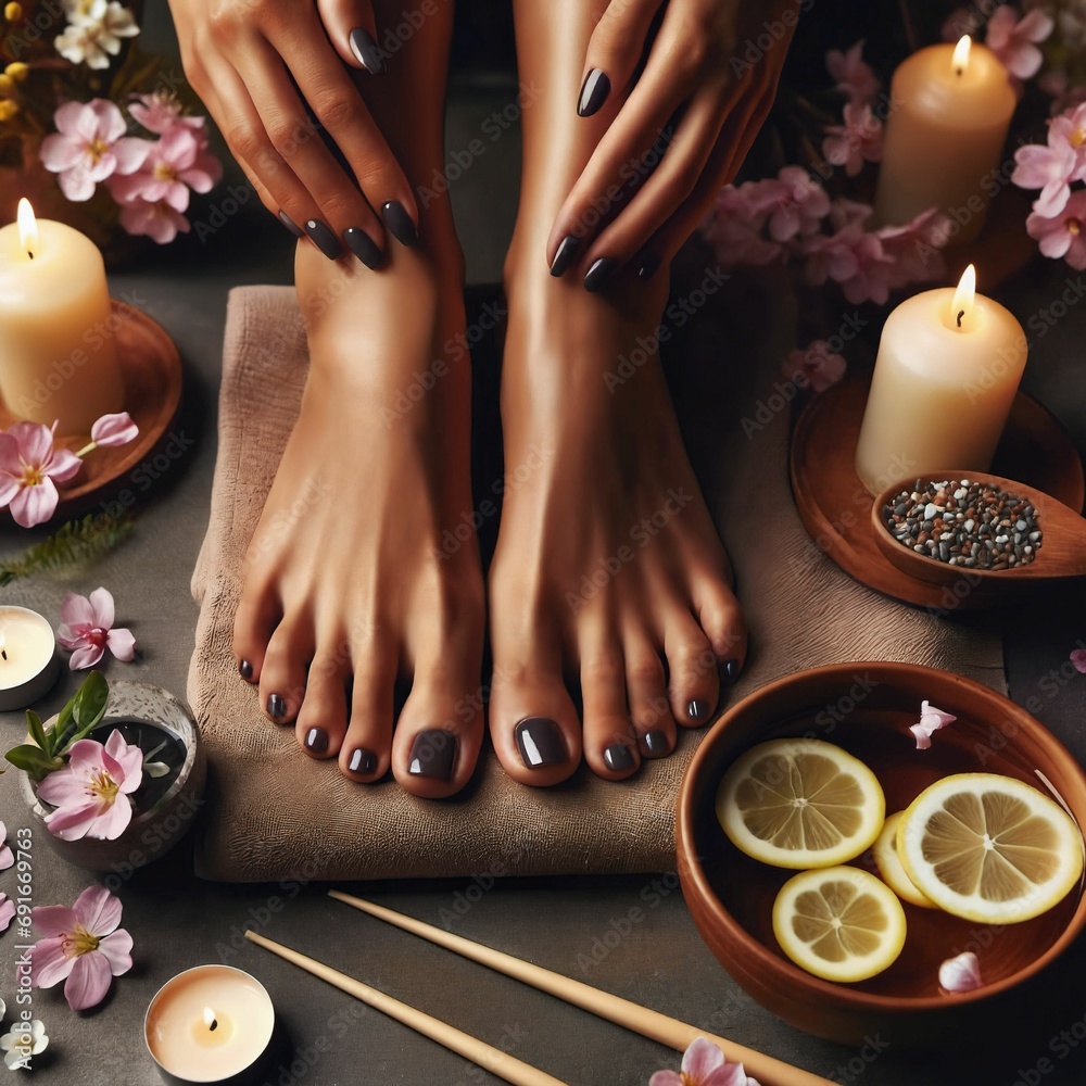 Women's feet at spa salon on pedicure procedure. Beautiful female feet ...