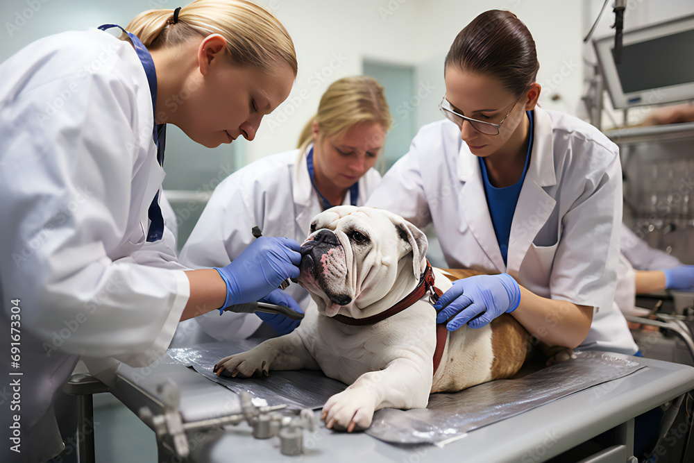 veterinarian with dog. Medicine, pet care and people concept. close up ...
