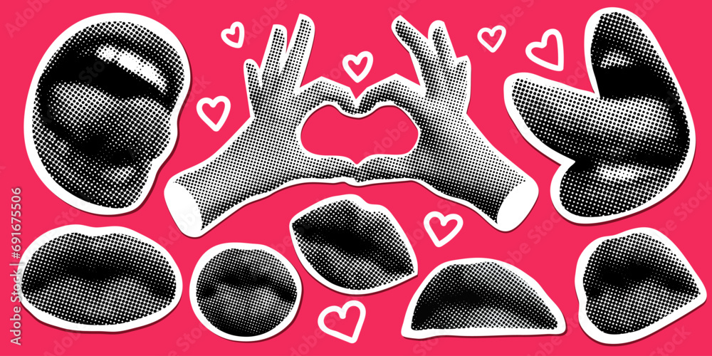 Retro halftone mouth and hands. Woman shows tongue. Heart hands ...