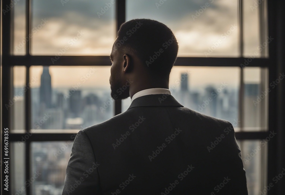 Back view of a black man in a suit looking out at the city through a ...