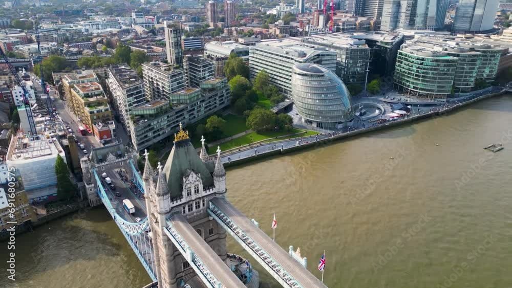 Iconic Tower Bridge Top cinematic drone View of Tower Bridge, Skyline ...